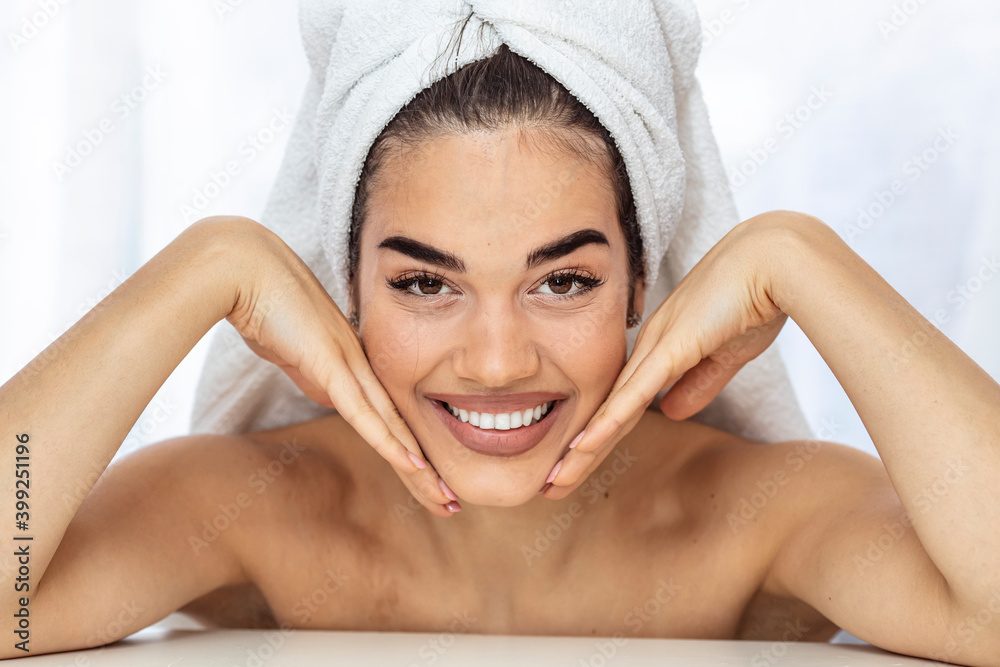 Beautiful young woman with clean fresh skin on face. Girl facial ...