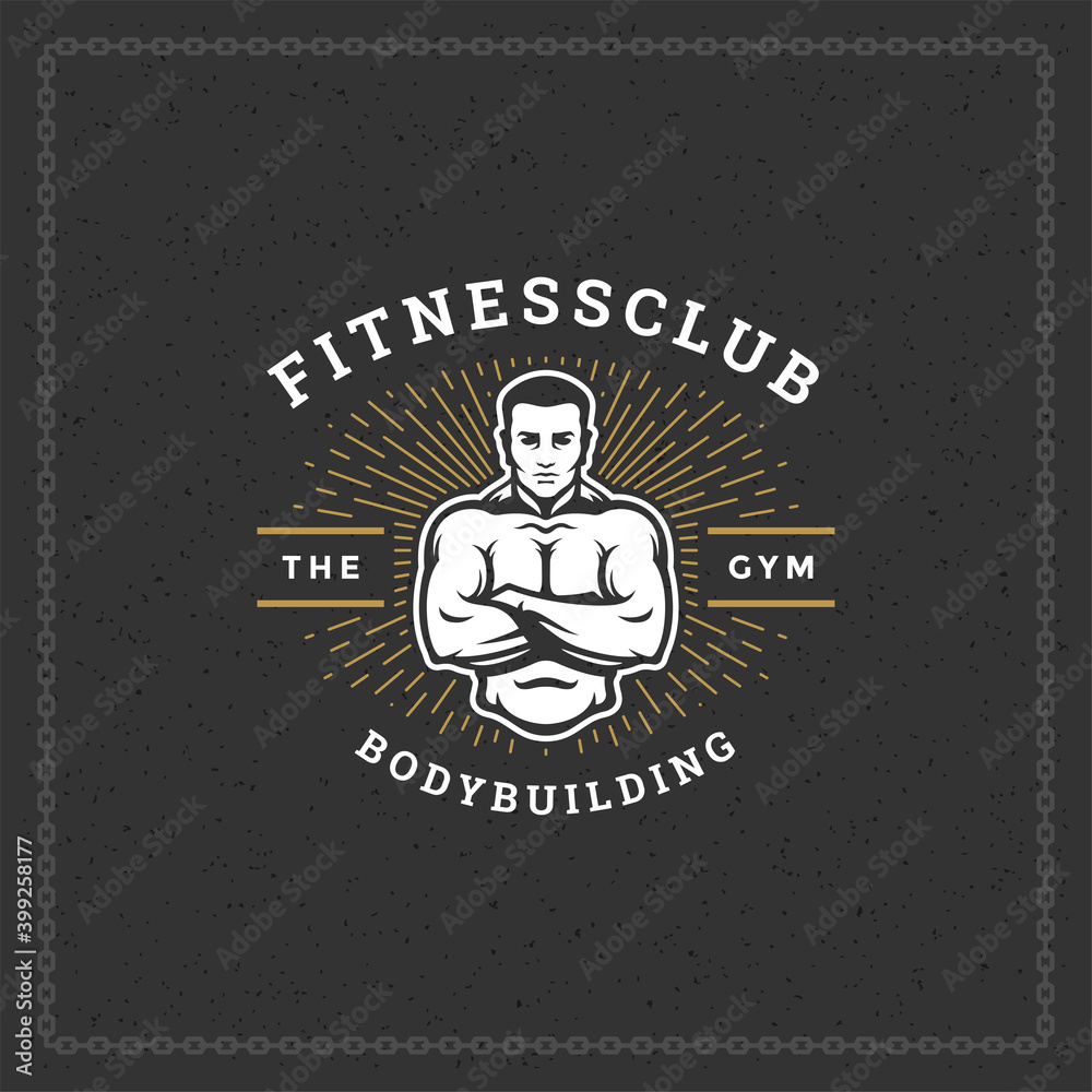 Bodybuilder man logo or badge vector illustration male bodybuilding ...