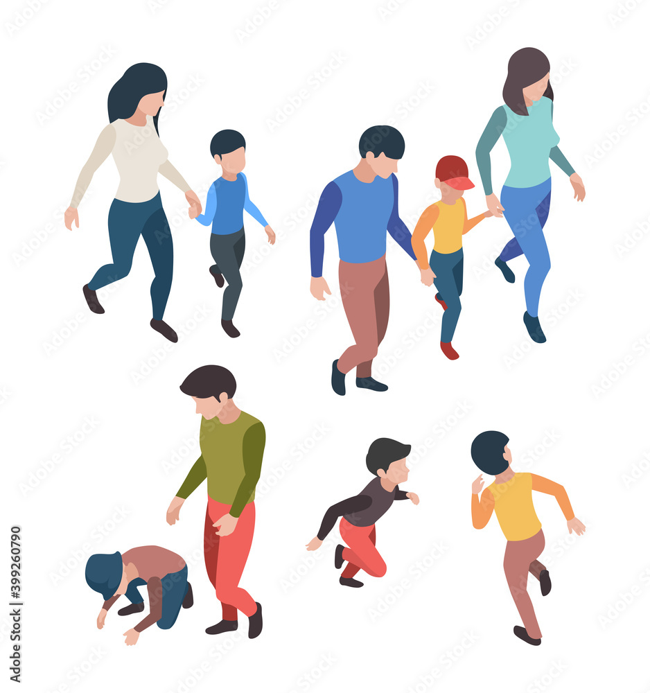 Family isometric. People father mother children playing walking happy ...