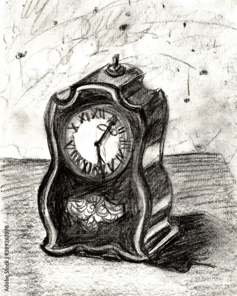 Charcoal hand drawn vintage clocks for Christmas post card, invitation ...