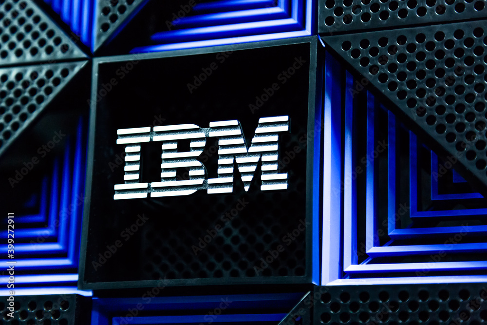Moscow, Russia - December, 2020: IBM logo on a storage rack in ...