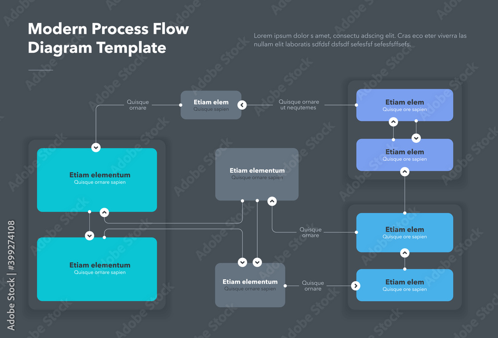 Modern process flow diagram template - dark version. Flat infographic ...
