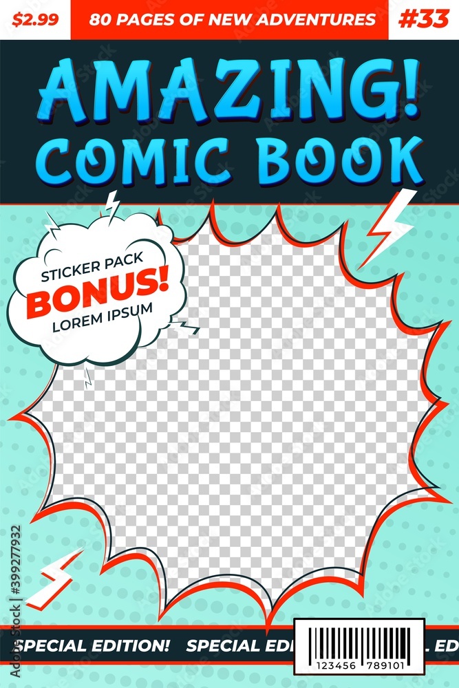 Comic book cover. Comics template, funny image magazine card. Cartoon ...