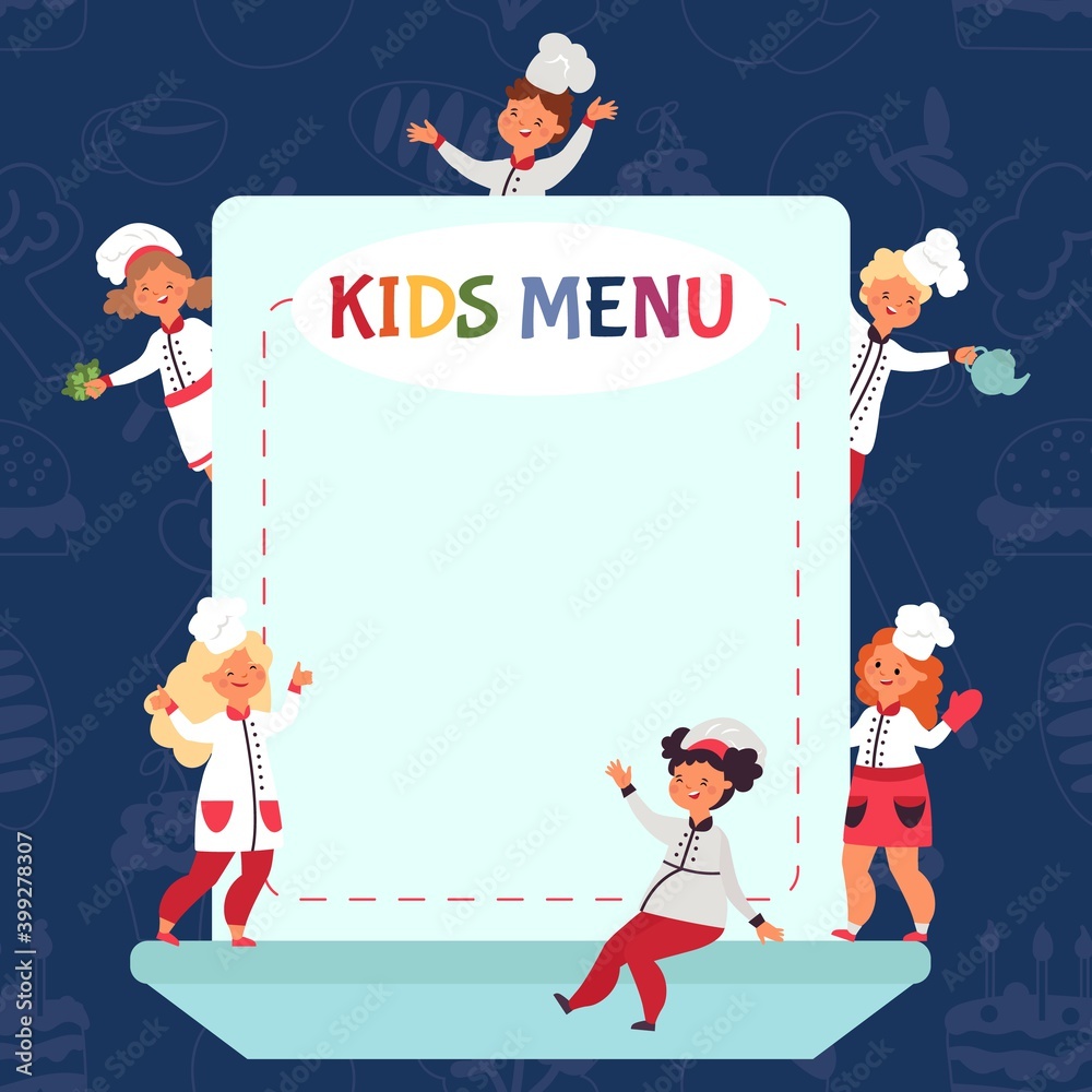 Kids cooking background. Little chef, children menu or certificate ...