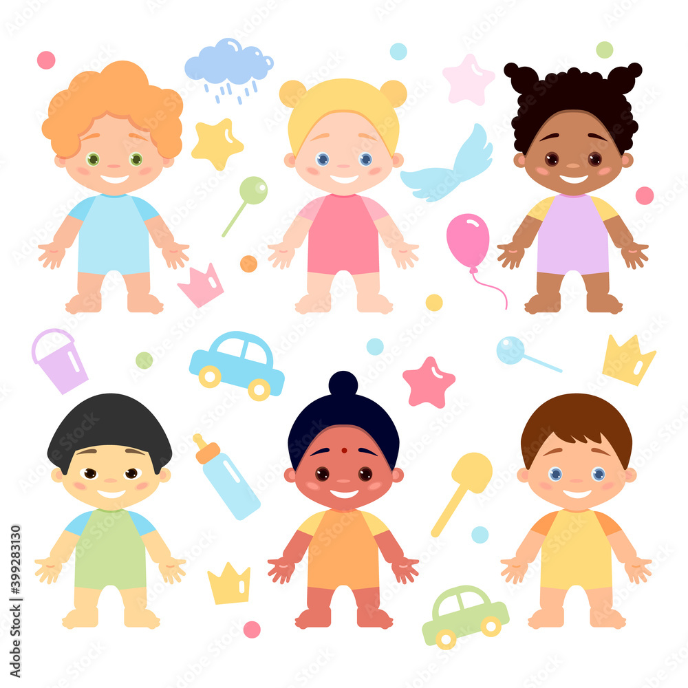 Multiethnic or multinational baby girls set isolated on white ...