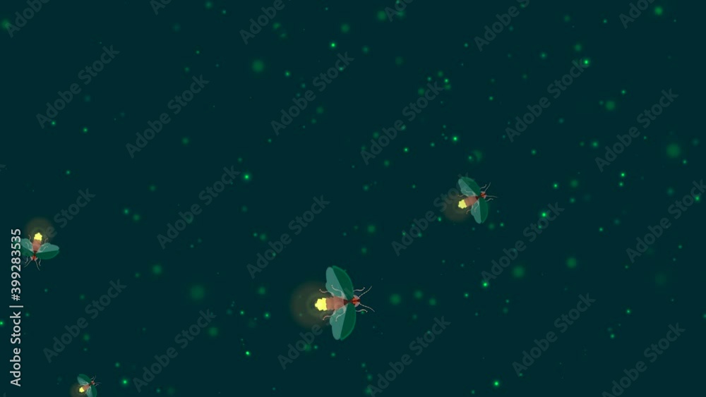 Firefly insects animation on green sparkling background with twinkling ...