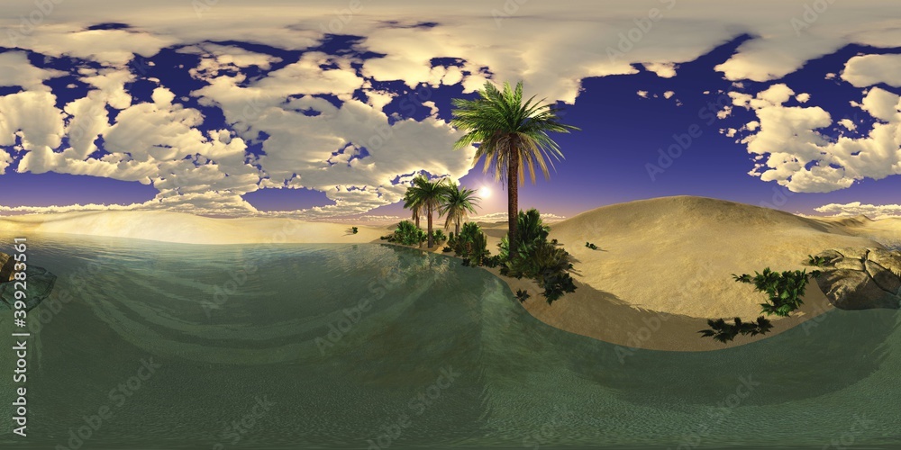 Oasis at sunset in a sandy desert. Environment map. HDRI . equidistant ...