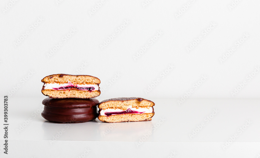 Choco pie chocolate biscuits with cherry jam. Cookies in chocolate and ...