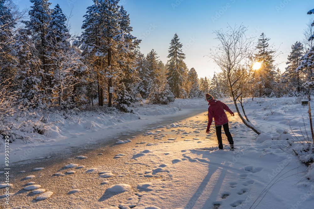 winter landscape, sunset sky, having fun outside, jumping people, woman ...