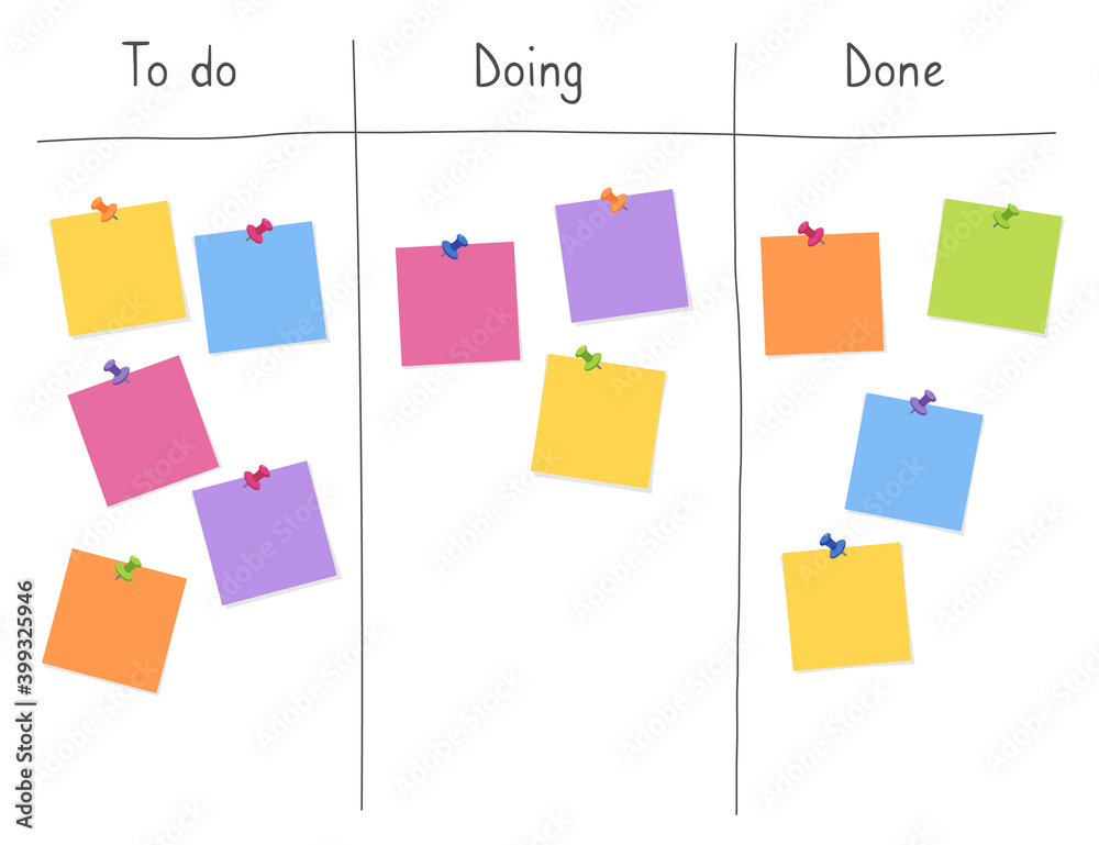 Kanban board with blank sticky note papers for writing task. Agile ...