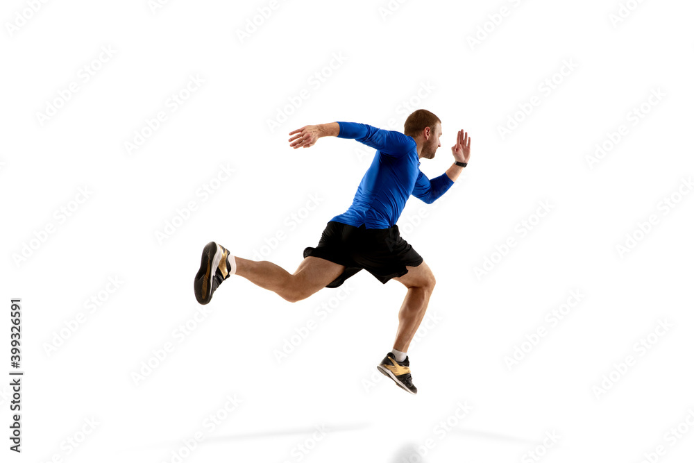 Achievement. Caucasian professional jogger, runner training isolated on ...