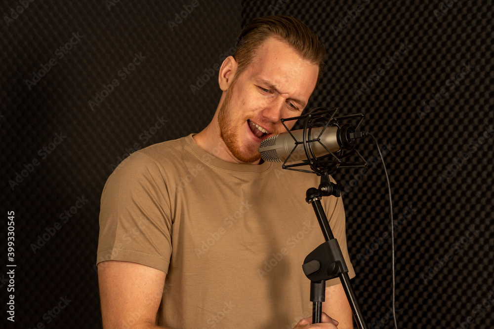 Caucasian woman sound composer in recording studio with vocalist singer ...