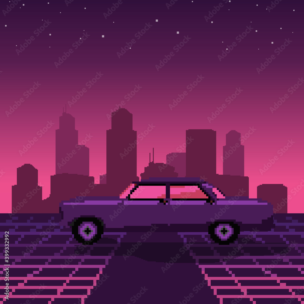 Pixel 80s Retro Wave Sci-Fi Background For game. Pixel art 8bit Stock ...
