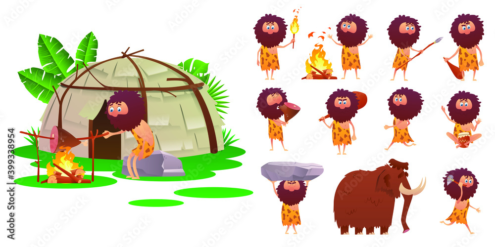 Cartoon primitive people stone age isometric icons set. Caveman in ...