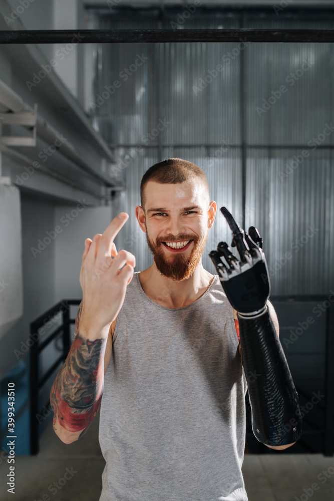 Free spirited cyborg man left showing middle finger with both bionic ...