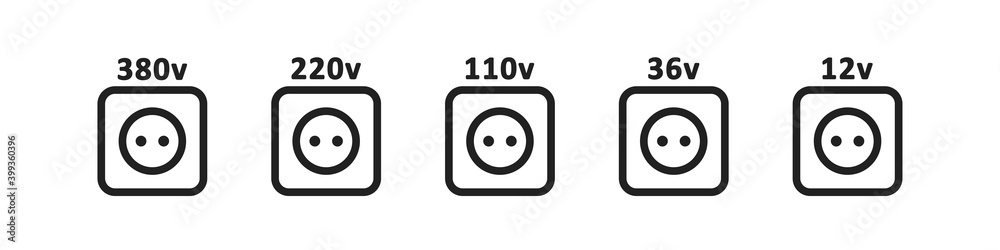 Socket power icon. Electric plug symbol. 110v, 220v, 380v voltage ...