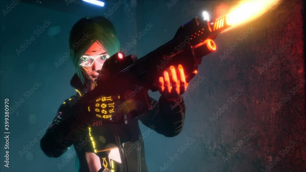 Cyber girl shoots from a fantastic machine gun on the street of the ...