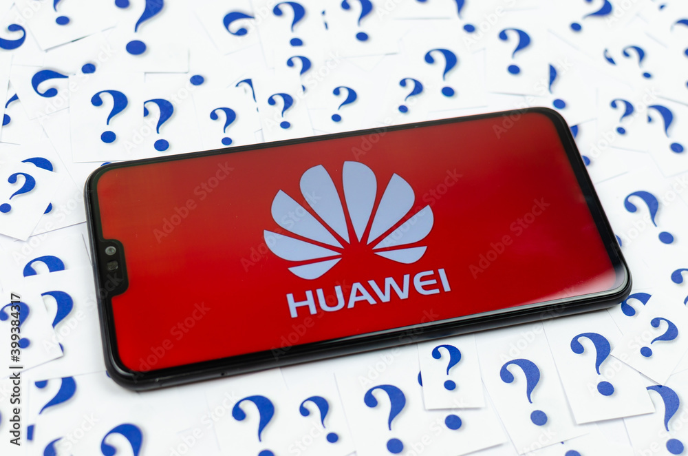 HUAWEI logo on the HUAWEI smartphone and a lot of paper question marks ...
