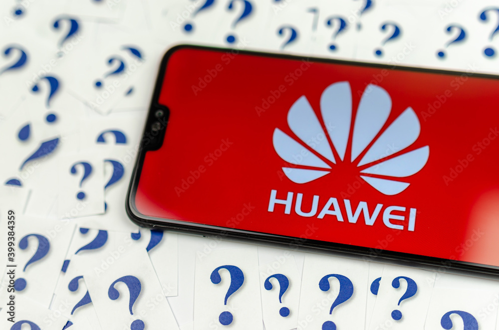 HUAWEI logo on the HUAWEI smartphone and a lot of paper question marks ...