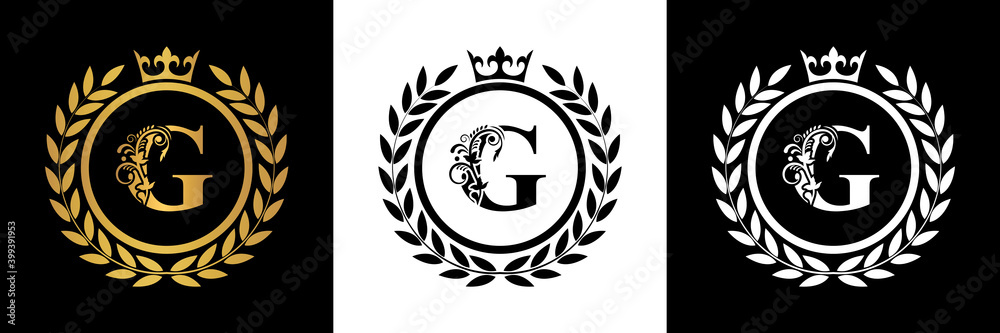 Letter G laurel wreath template logo Luxury gold letter with crown ...