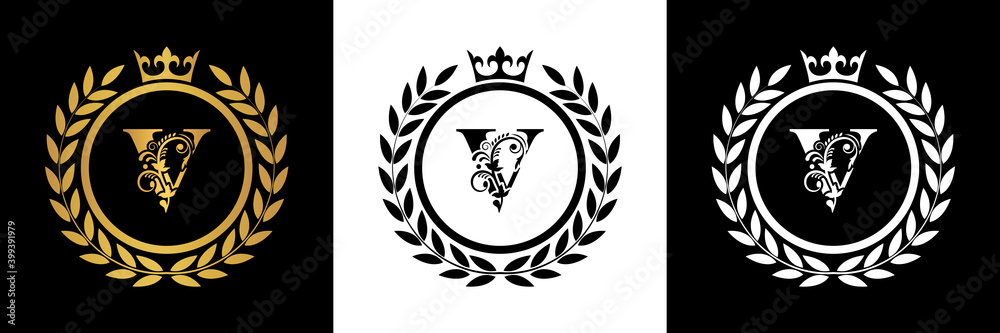 Letter V laurel wreath template logo Luxury gold letter with crown ...