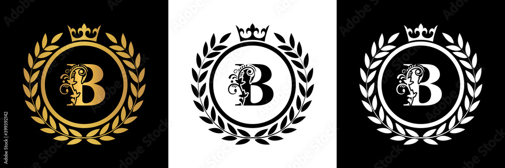 Letter B laurel wreath template logo Luxury gold letter with crown ...