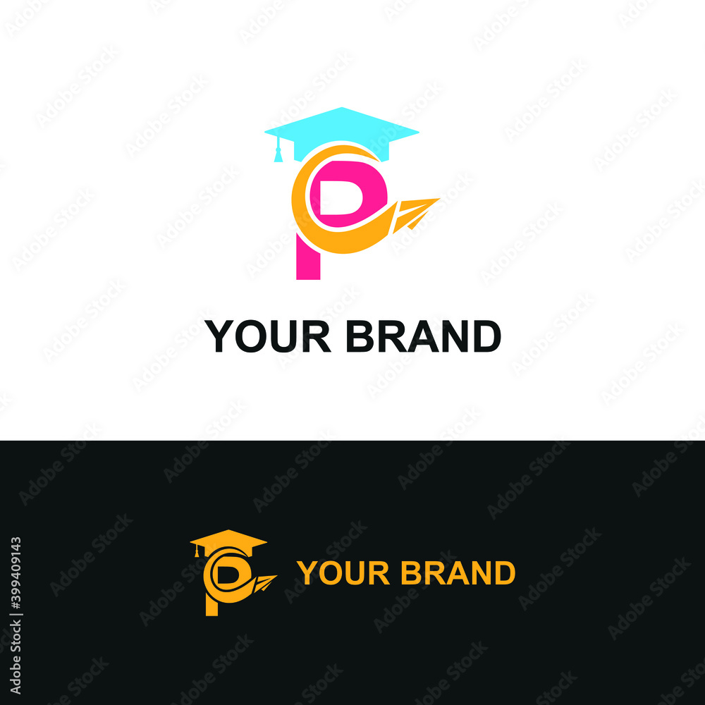 Initial letter P with toga hat graduation gown and paper plane flying ...