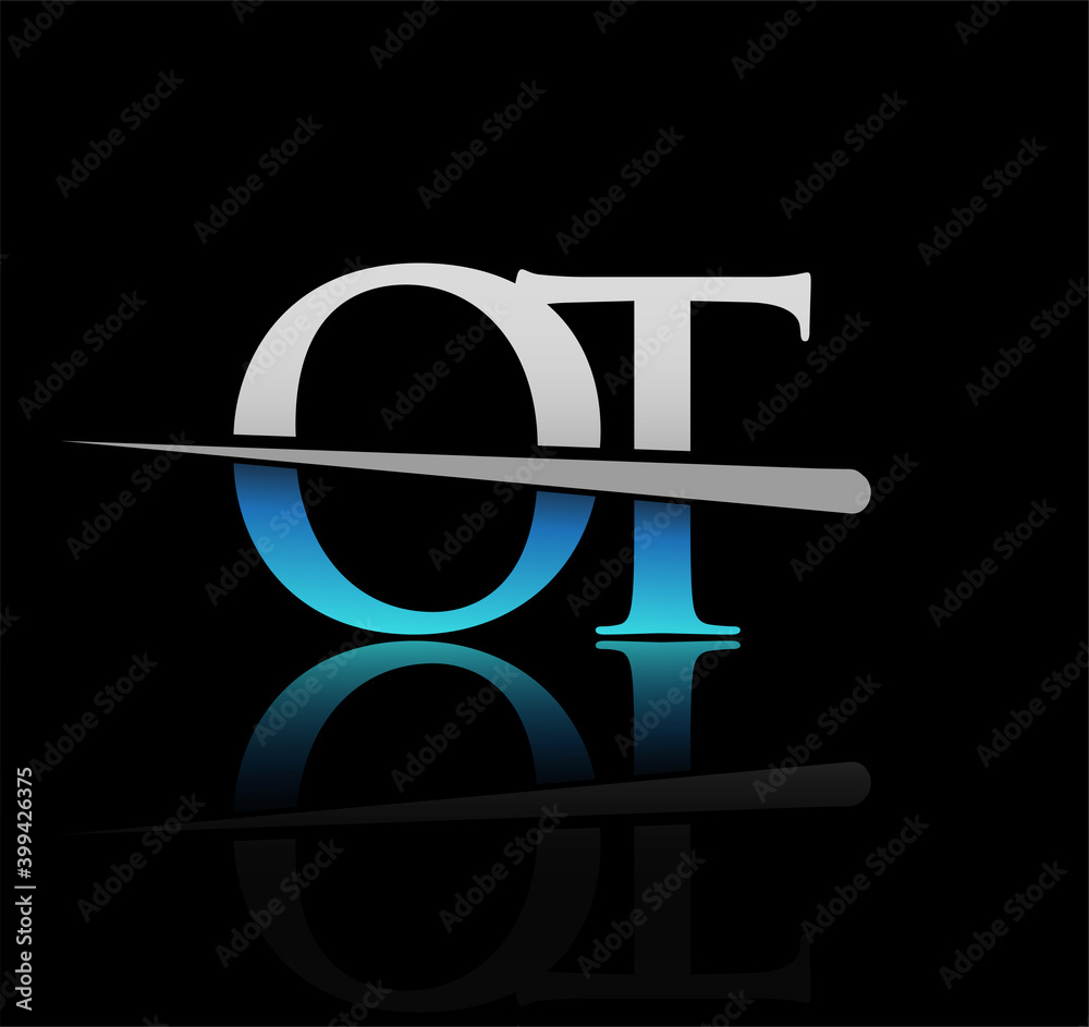 initial logotype letter OT company name colored blue and silver swoosh ...