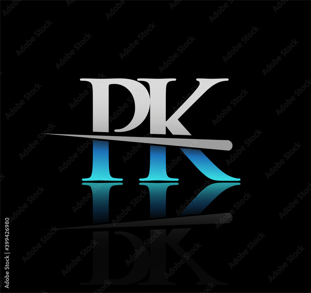 initial logotype letter PK company name colored blue and silver swoosh ...