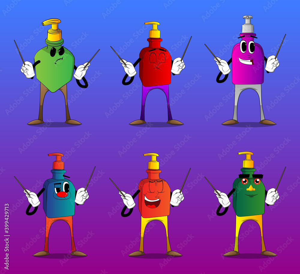 Cartoon bottle of hand sanitizer gel for hygiene with face as an ...