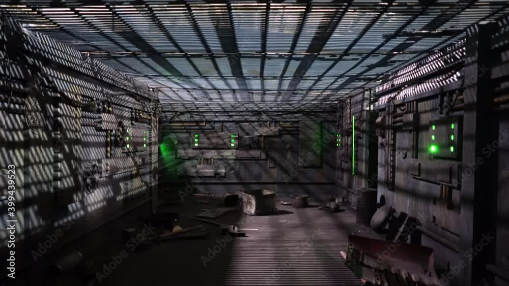 Industrial interior and hallways on sci-fi spaceship. On film set ...