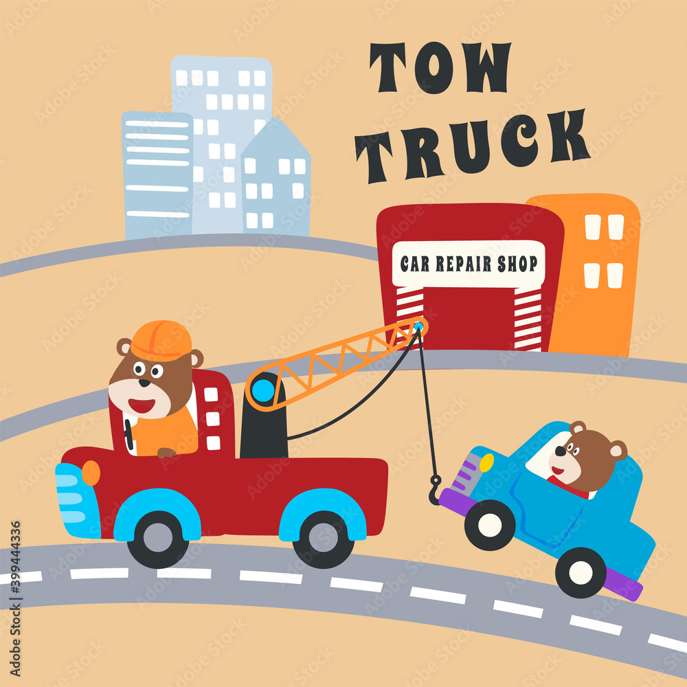 Vector illustration of tow truck cartoon with funny driver, Can be used ...