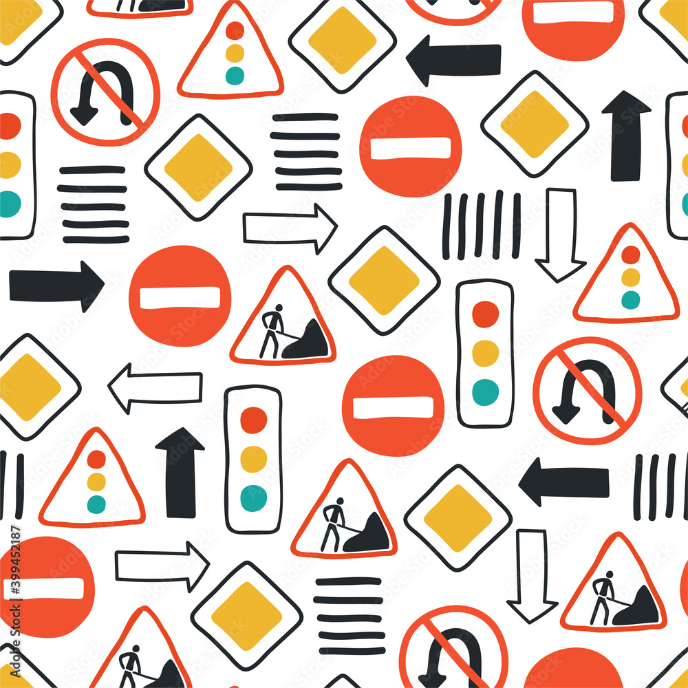 Cute seamless pattern with road signs and traffic lights on a white ...