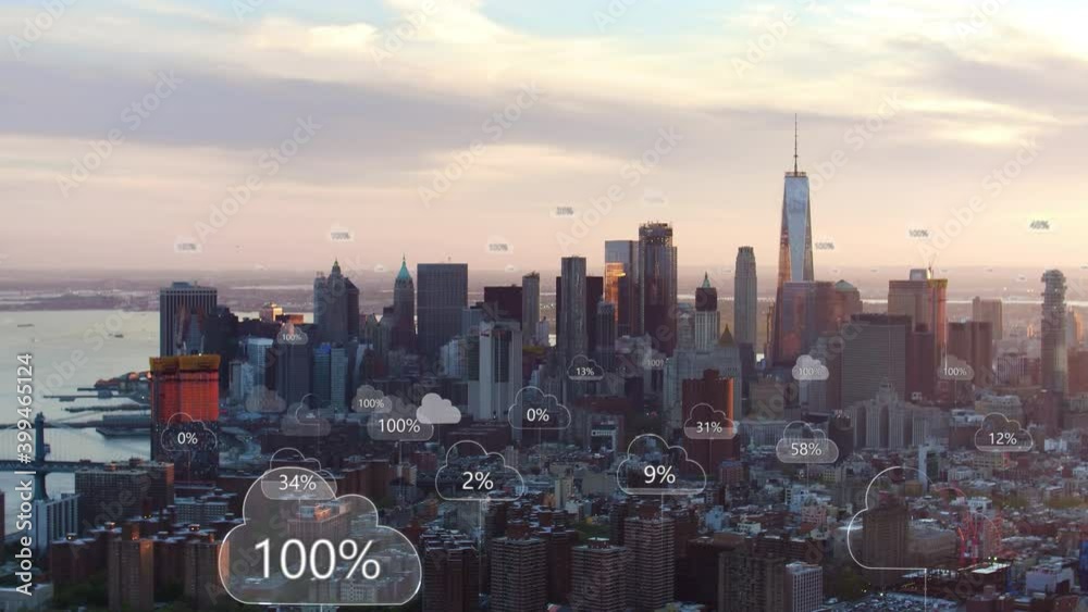 Futuristic hi tech aerial city. Connected view of New York skyline with ...