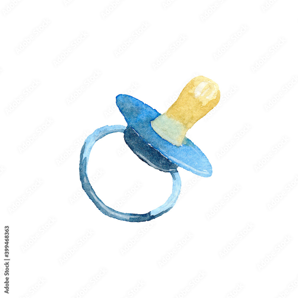 Watercolor hand drawn baby`s dummy in yellow and blue colors. Children ...
