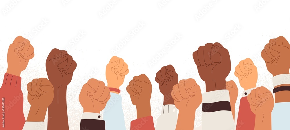 Raised up fists of different skin color. Power of protest against ...