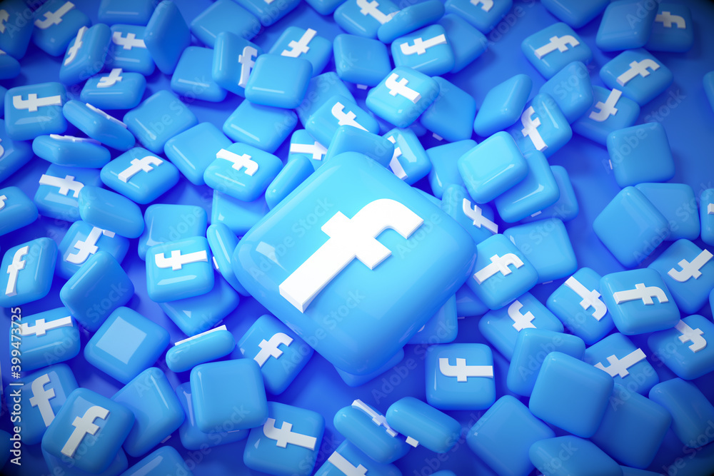3D Pile of Facebook logo background. Facebook the famous social media ...