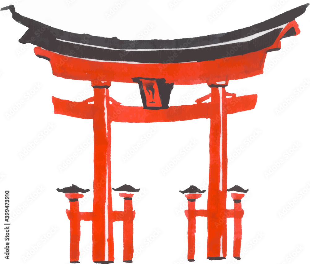 Japan traditional sumi-e painting. Fuji mountain, temple, sunset. Japan ...
