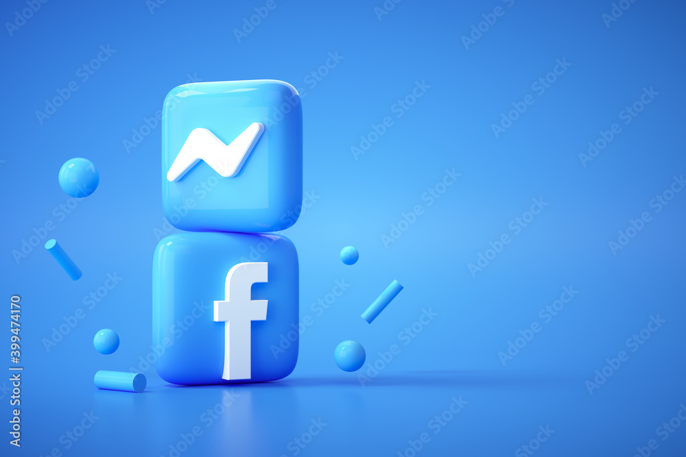 3D Facebook and messenger logo application on blue background, social ...