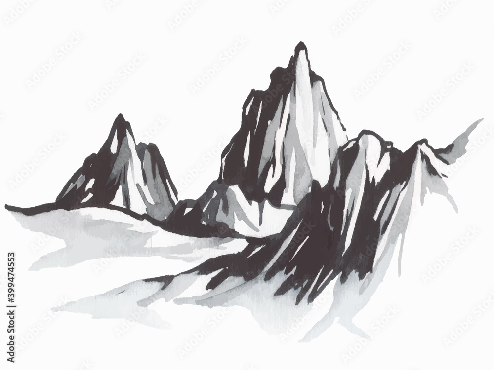 Japan traditional sumi-e painting. Fuji mountain, mountains, sunset ...