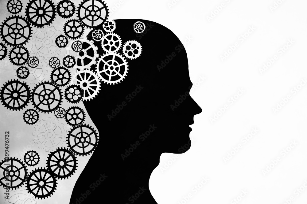 Head and brain of man gears in progress. Concept of human thinking ...