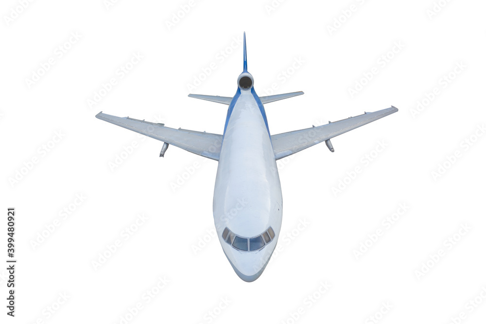 Aerial view of a real plane, aircraft, or airplane isolated on white ...