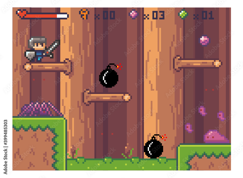 Pixel art style, character in game arcade play. Man with sharp sword ...