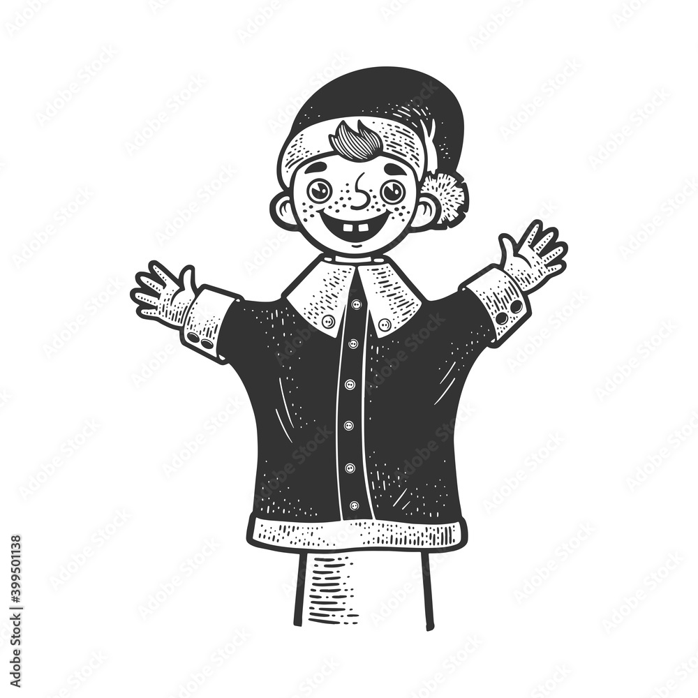 Puppet doll on puppeteer hand sketch engraving vector illustration. T ...