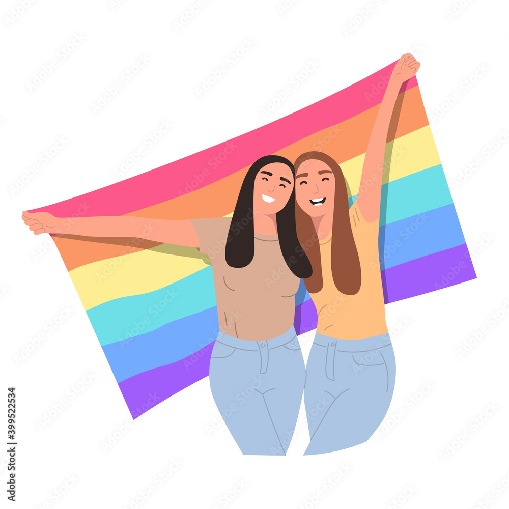 Lesbian woman holding a lgbt flag. The representative of the gay holds ...