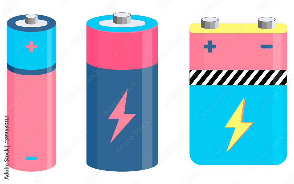 Battery electricity accumulator power energy set of elements. Cartoon ...