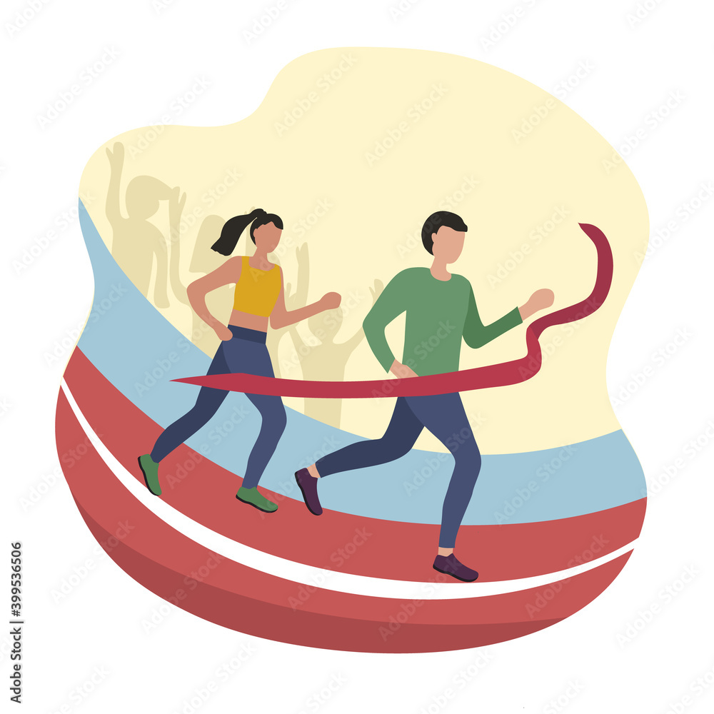 Athletes cross the finish line through a red ribbon. Running ...