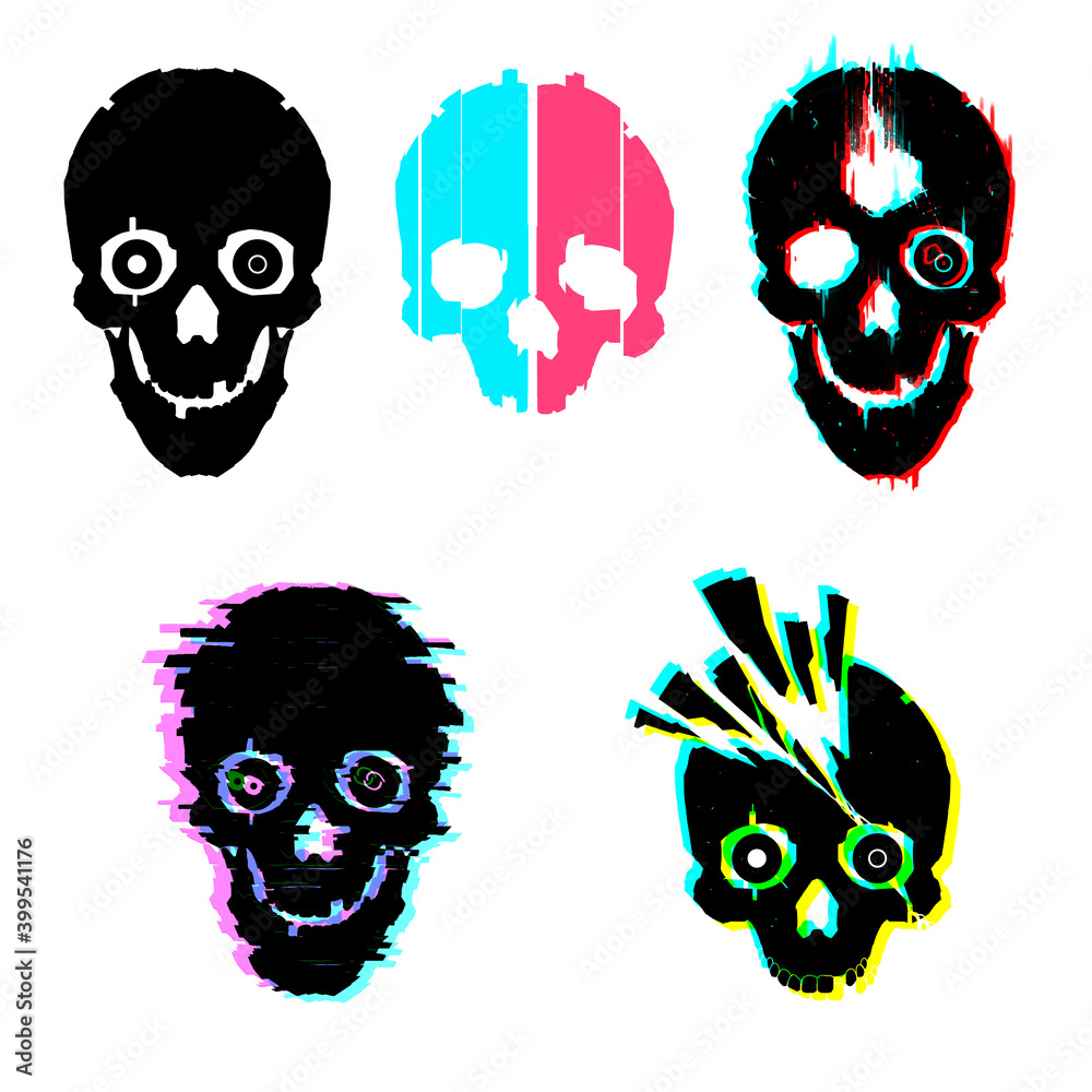 Big set cyberpunk skull glitch effect illustration sketch art isolate ...