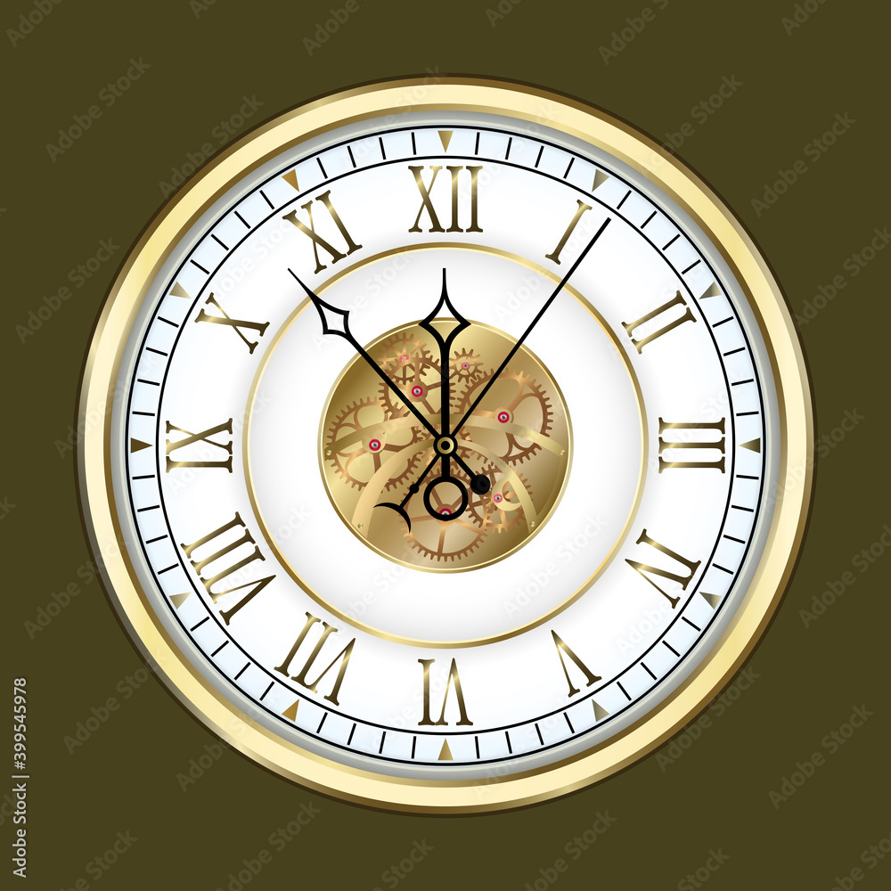 Gold clock with roman dial and open visible gear mechanism. Vector ...