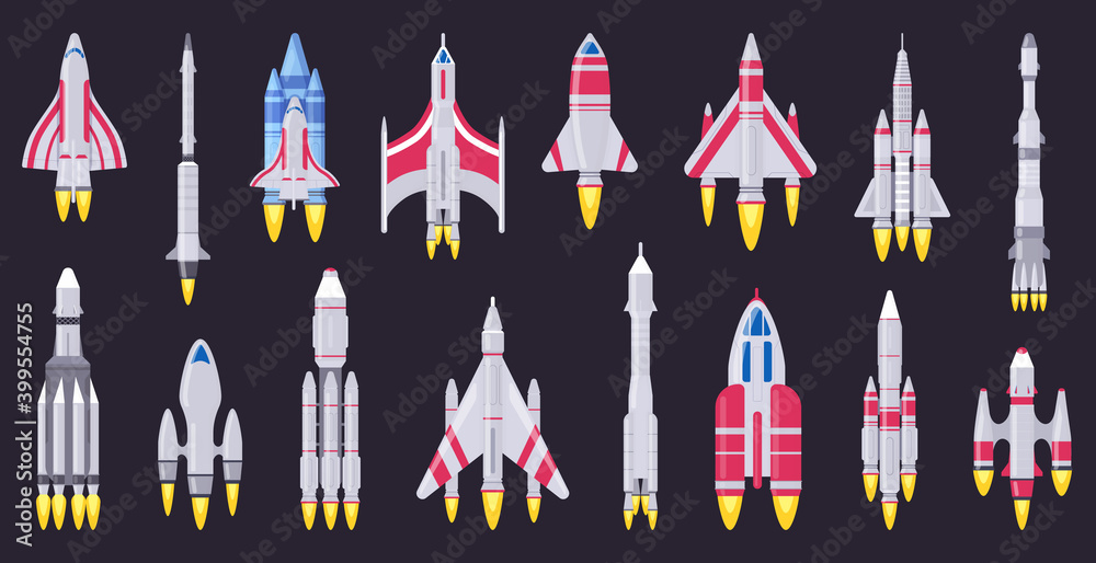 Spaceships vehicles. Space rocket, flying aerospace shuttle, spacecraft ...